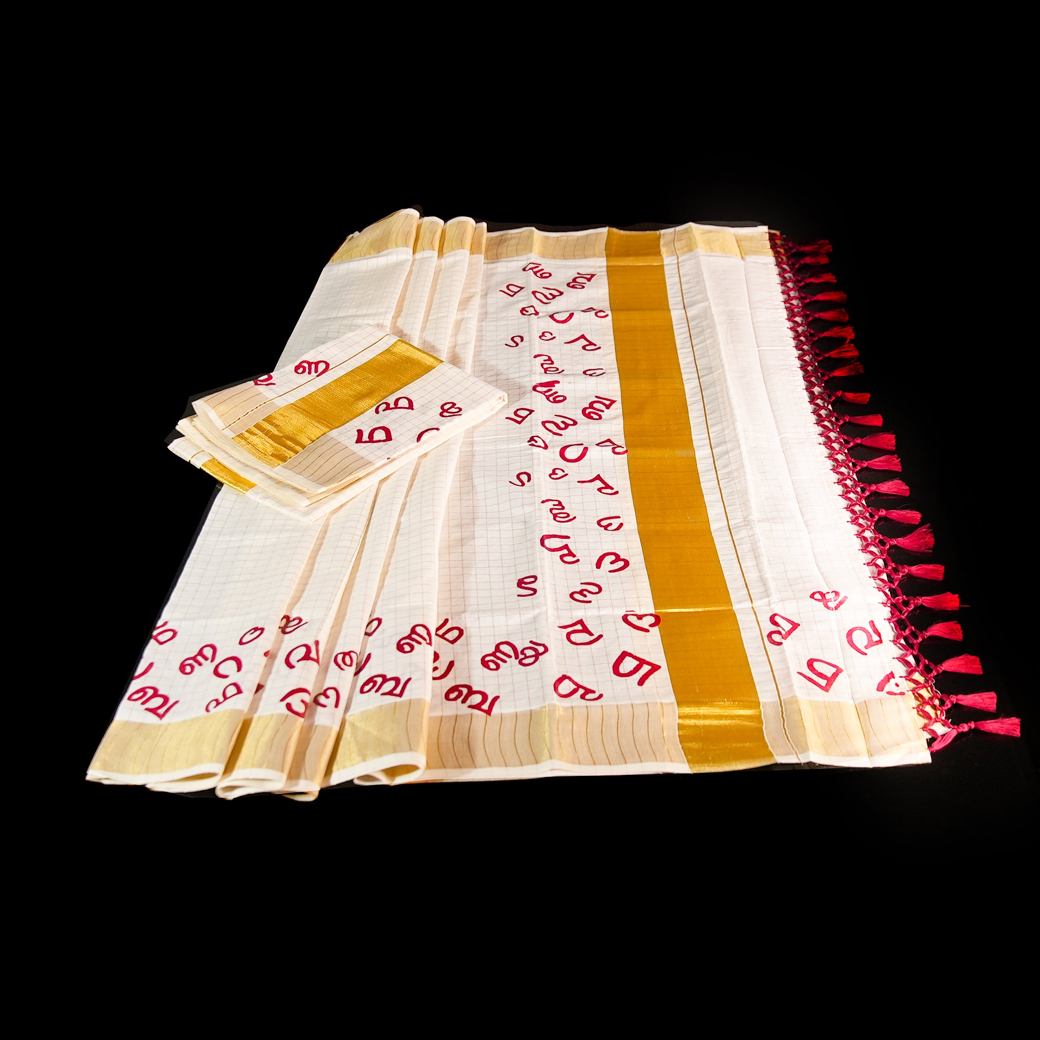 Kerala Cotton Set Mund with Golden checks and Aksharamala Design ...