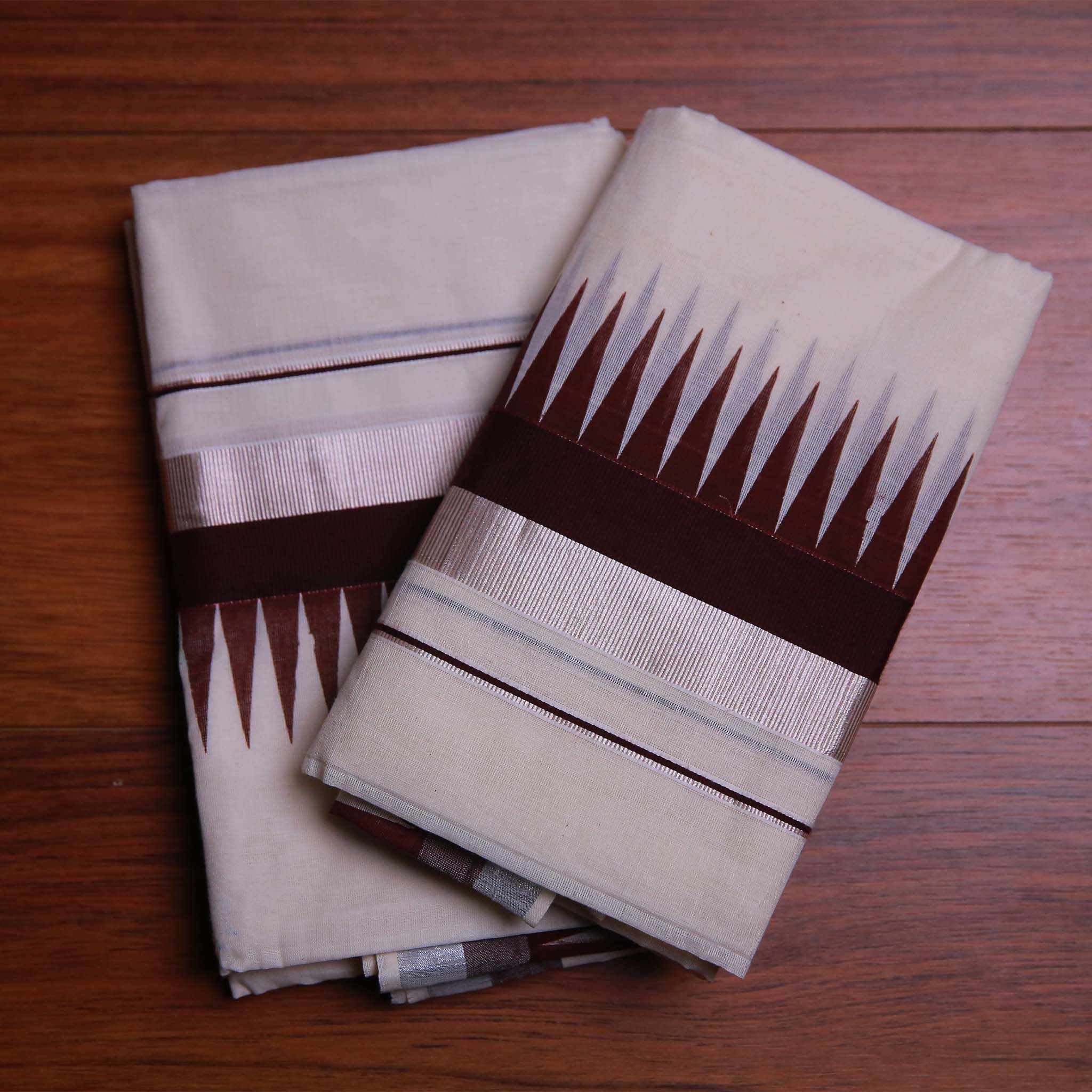 Kuthampully Handloom Cotton Set Mundu with 4 Inch Temple Design Border ...